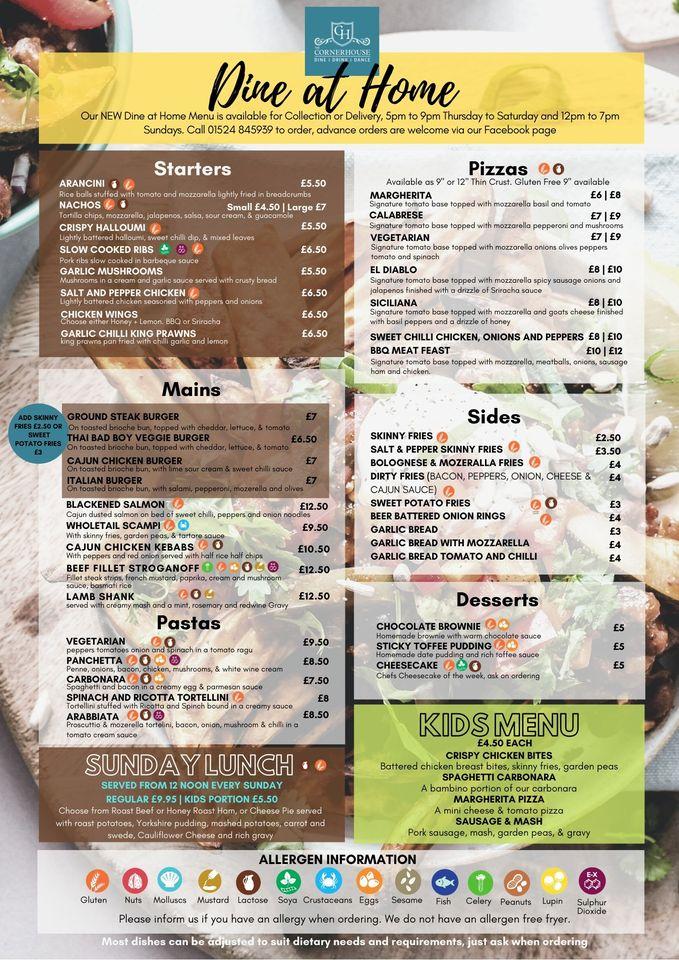Menu at The Cornerhouse restaurant, Lancaster