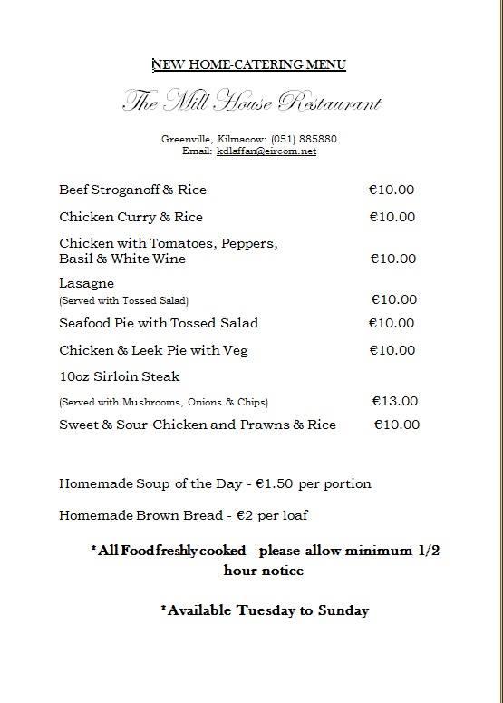 Menu at Mill House restaurant, Ireland, Greenvill