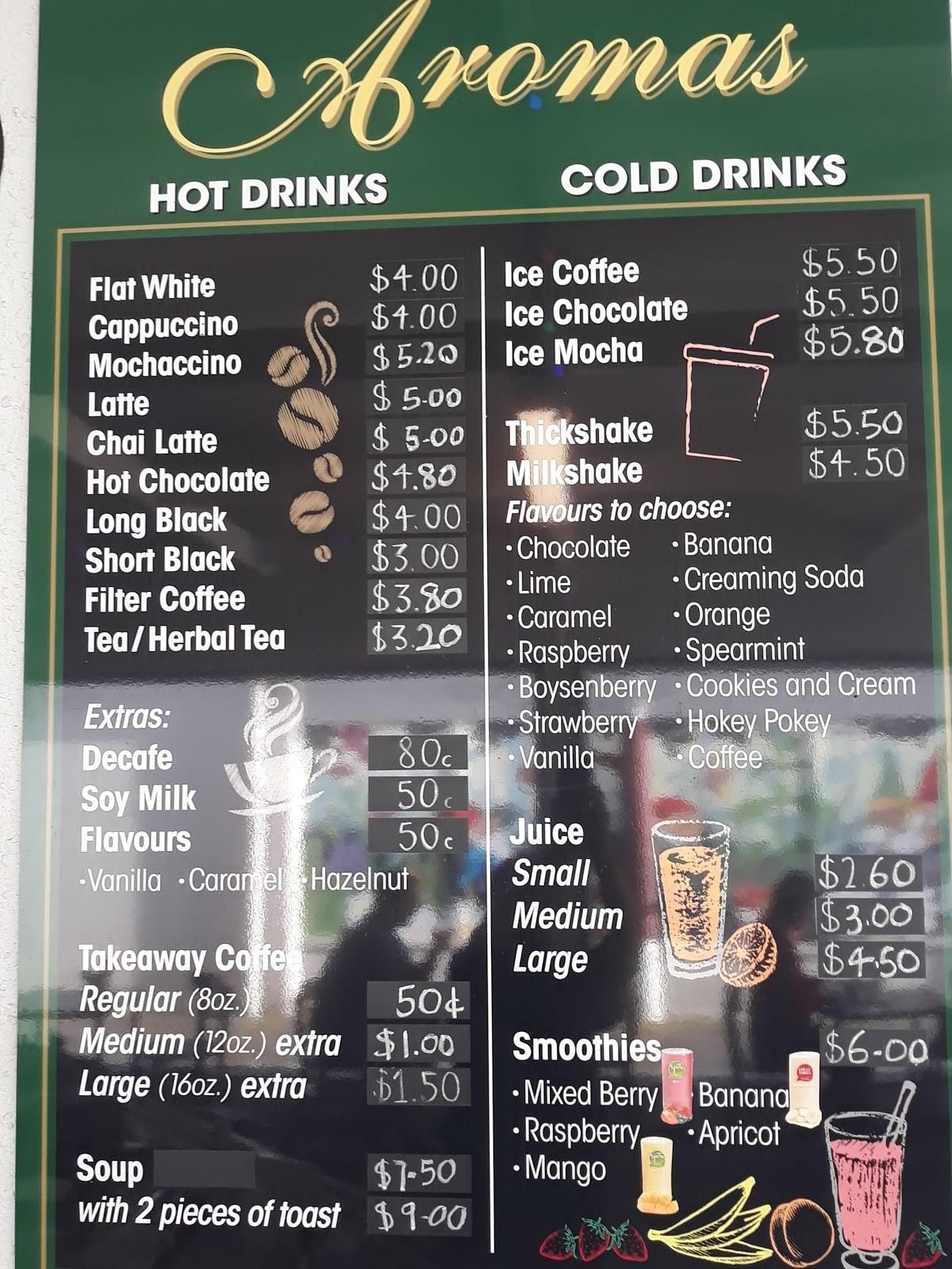 Menu at Aromas Coffee Lounge cafe, New Plymouth