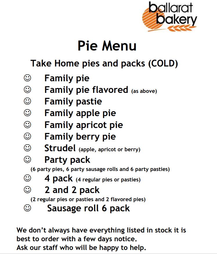 Menu at Ballarat Bakery, Redan, La Trobe St