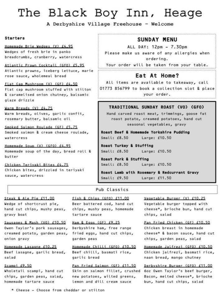 Menu at Black Boy Inn, Heage pub & bar, Heage