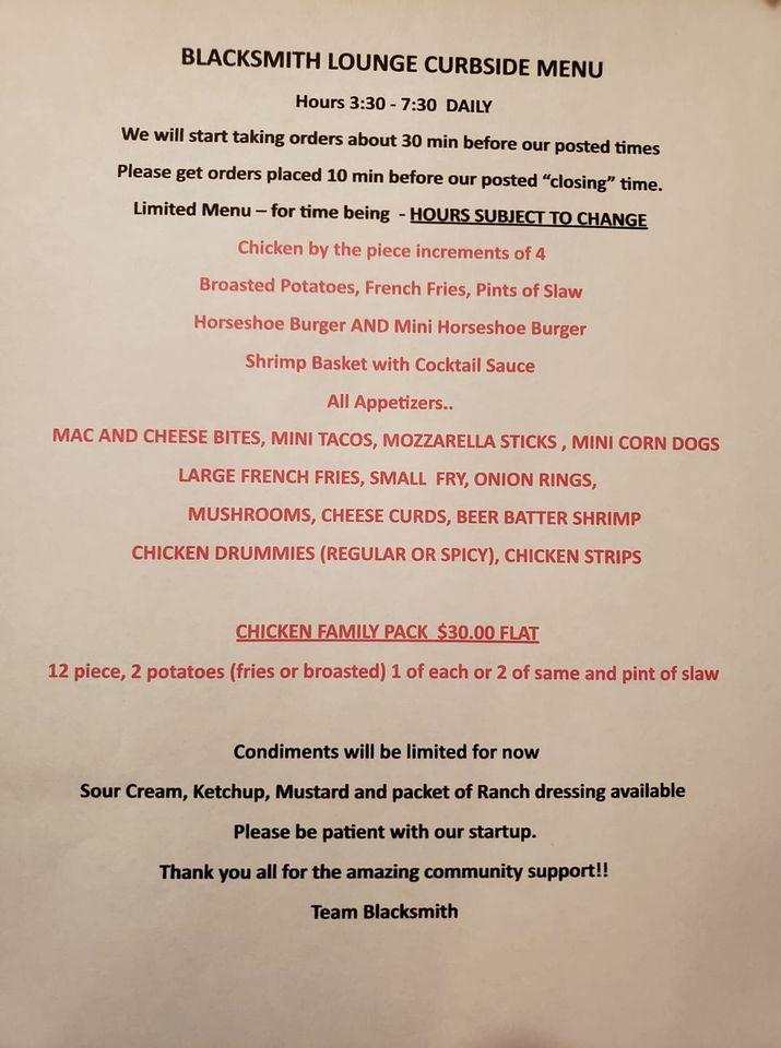 Menu at Blacksmith Lounge & Broaster restaurant, Hugo