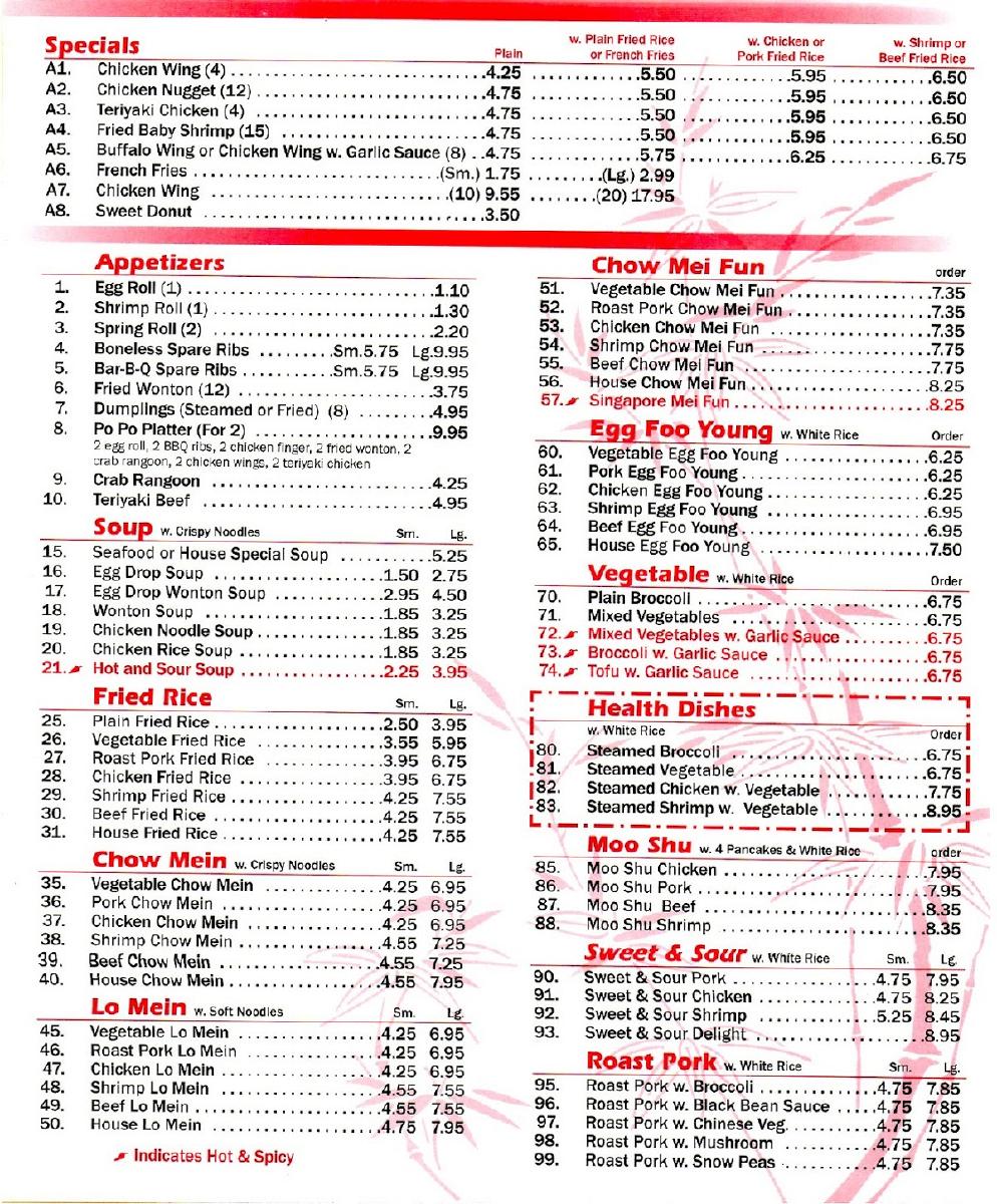 Menu at China King restaurant, Pekin