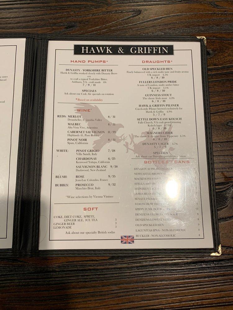 Menu at Hawk & Griffin pub & bar, Vienna
