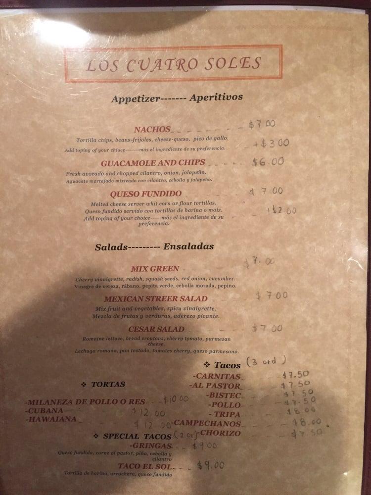 Menu at Los Cuatro Soles restaurant, Philadelphia, S Chadwick St