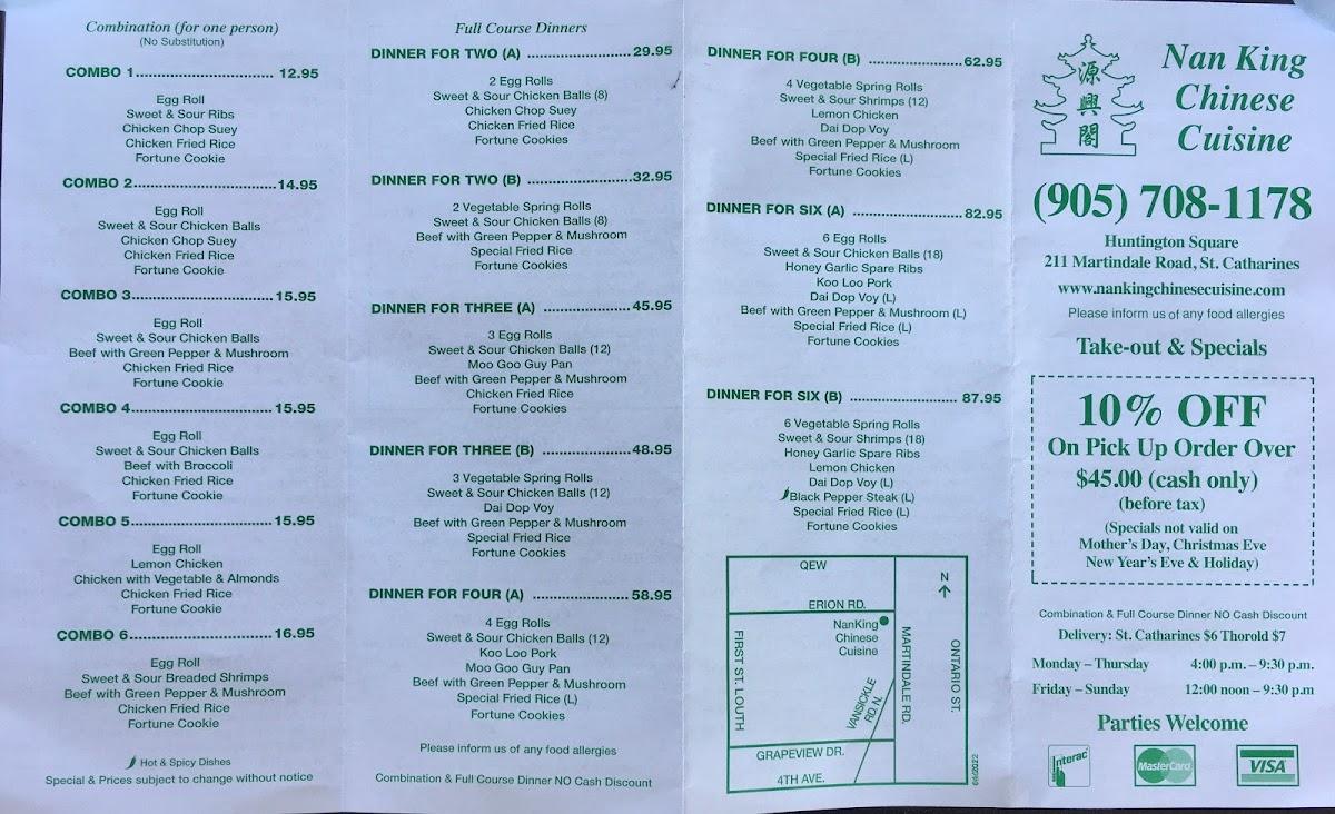 Menu at Nan King Chinese Cuisine restaurant, St. Catharines