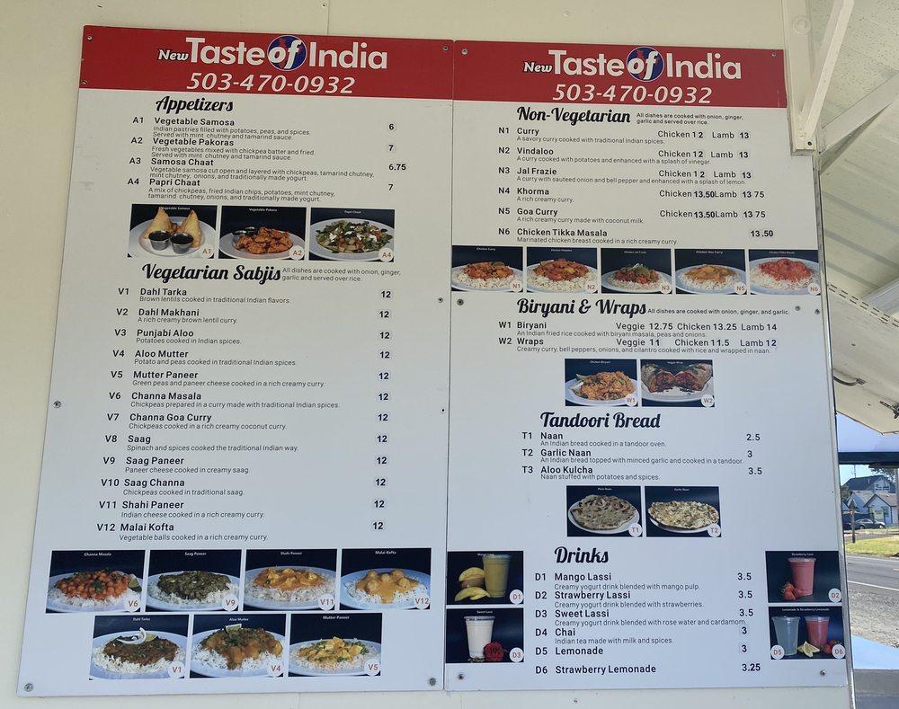 Menu at New Taste of India restaurant, Rockaway Beach