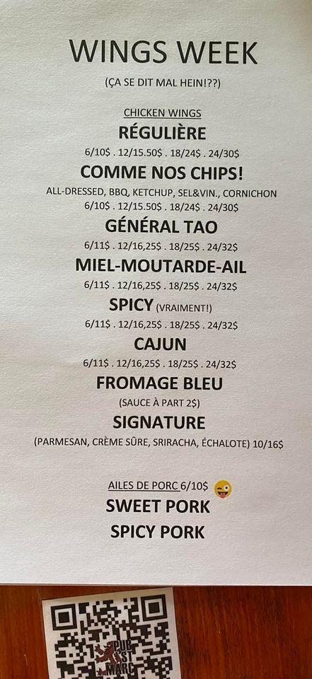 Menu at Pub St-Marc, Sept-Iles
