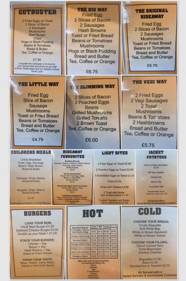 Menu at The Hideaway Cafe, Plymouth