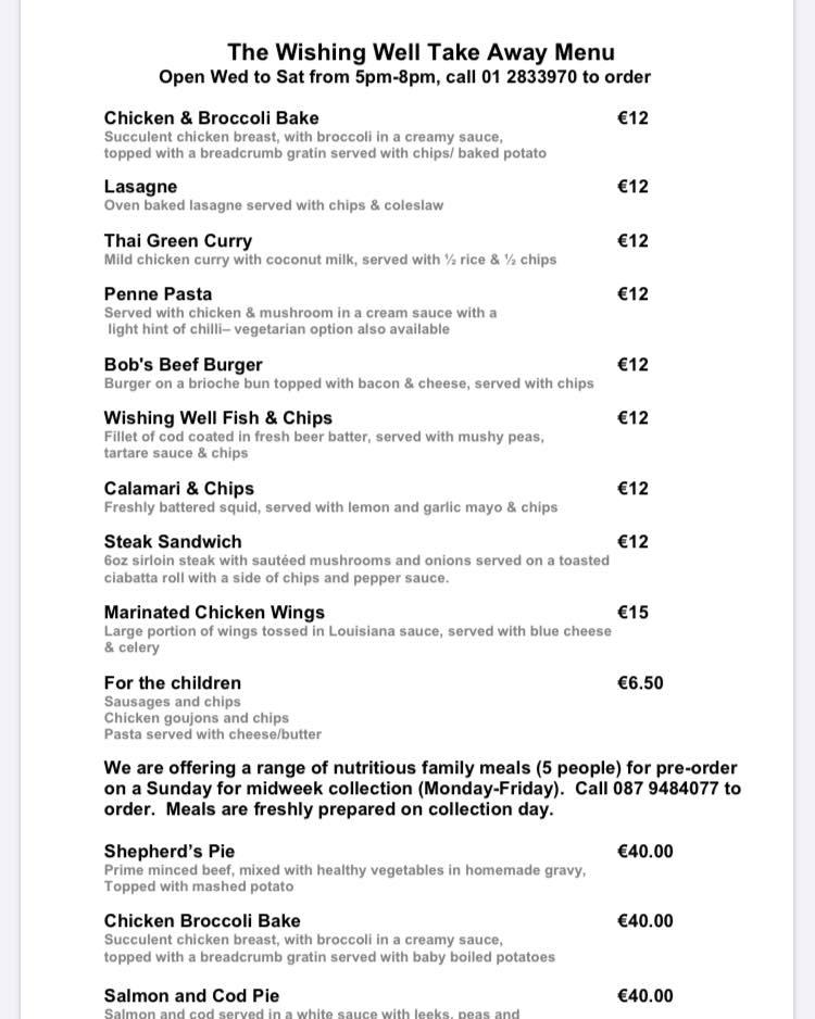 Menu at The Wishing Well pub & bar, Dublin