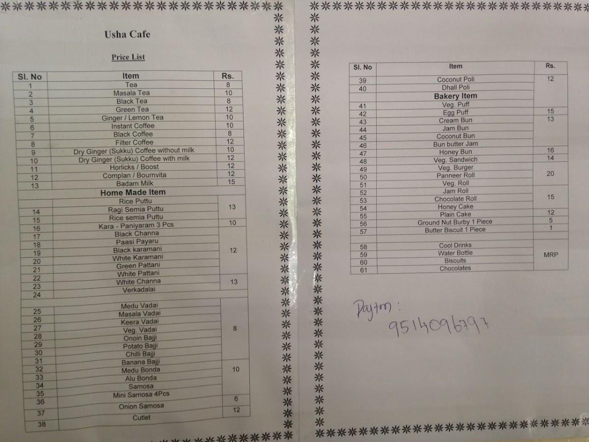 Menu at Usha Cafe, Chennai
