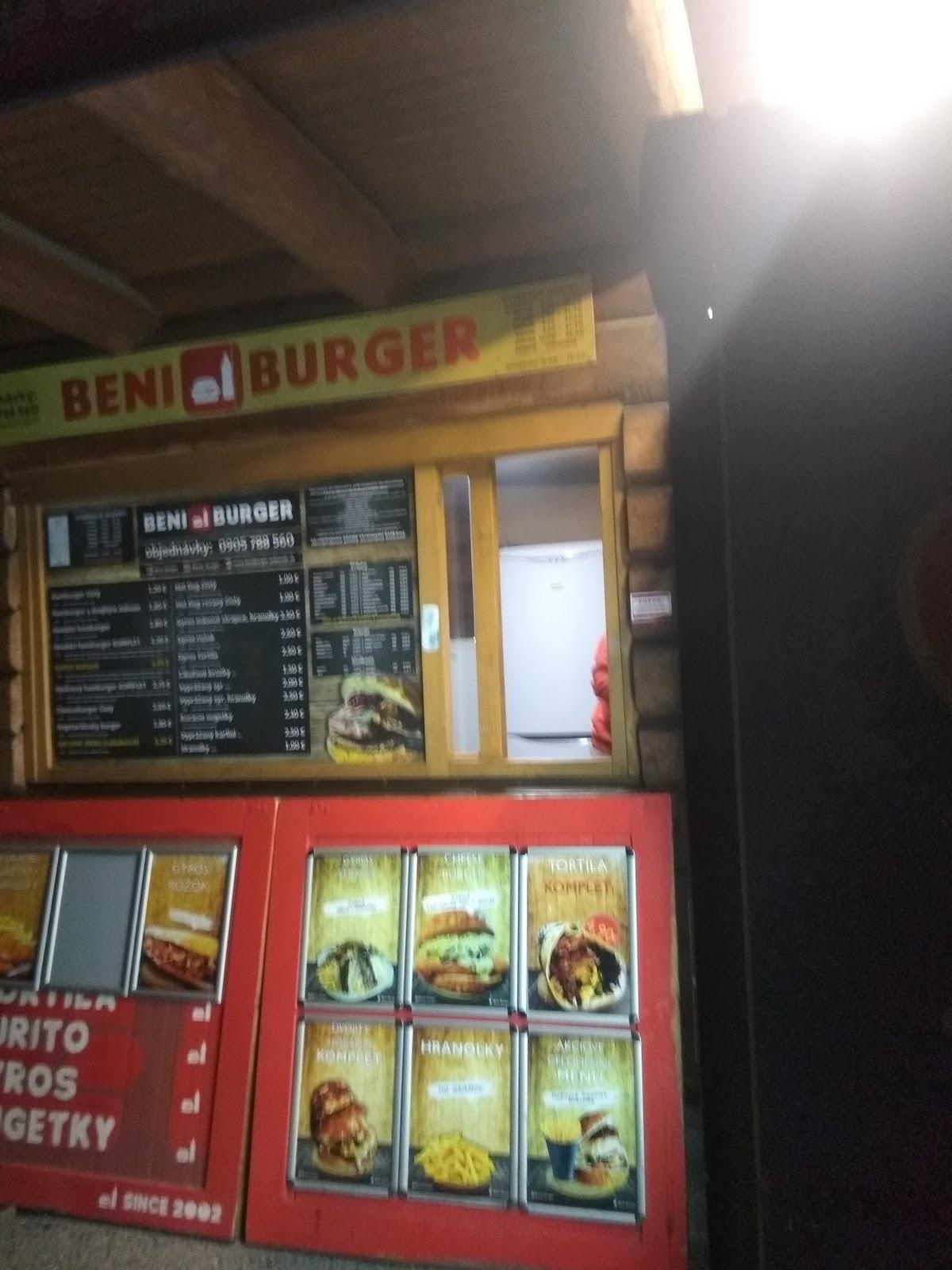 Menu at Beni Burger restaurant, Košice, Festivalové námestie 2