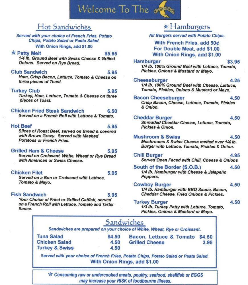 Menu at Crescent Cafe, Sand Springs