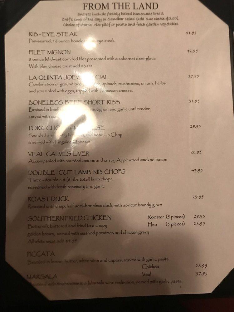 Menu at The Sandbar, La Quinta