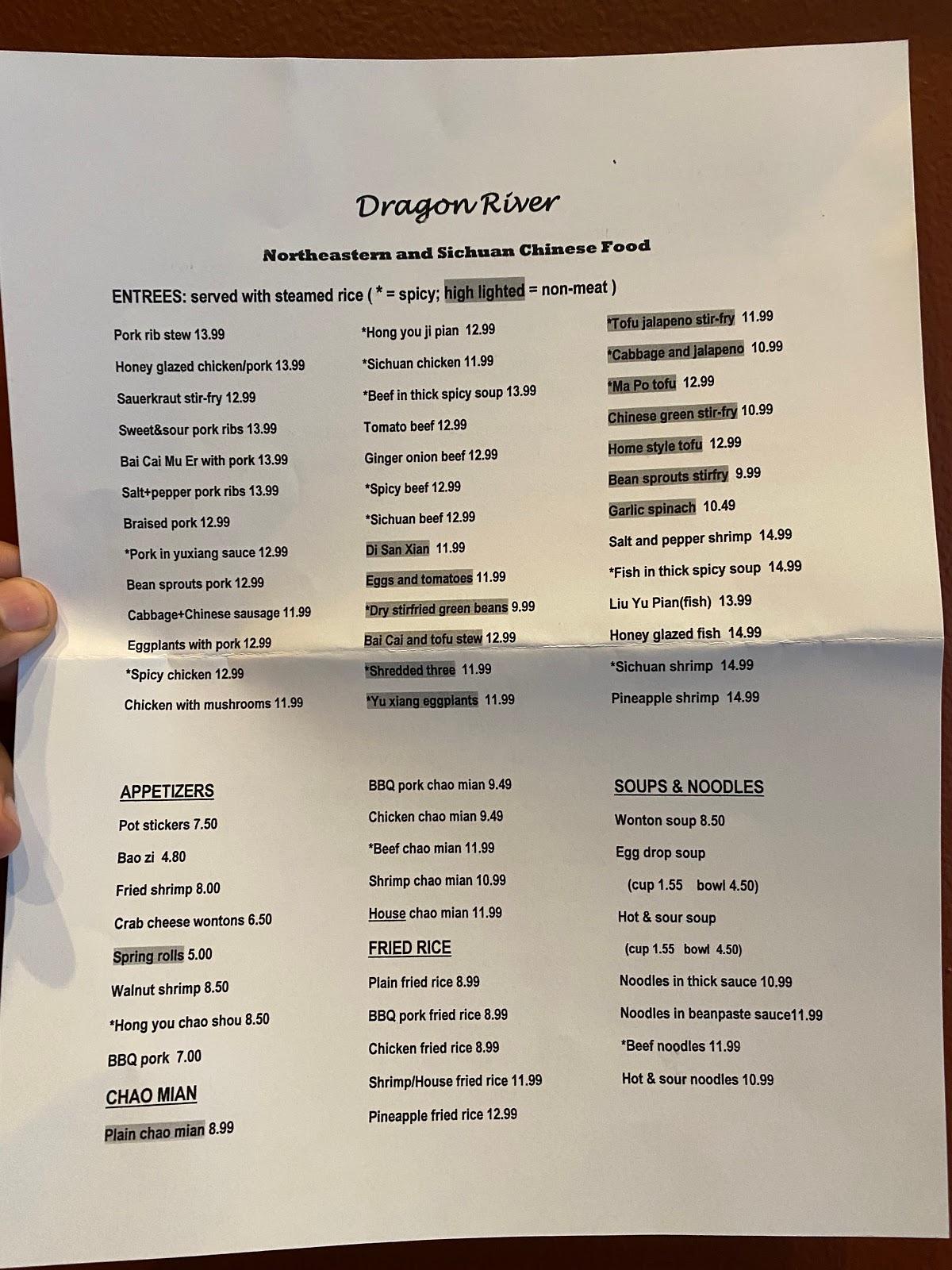 Menu at Dragon River restaurant, Bellingham