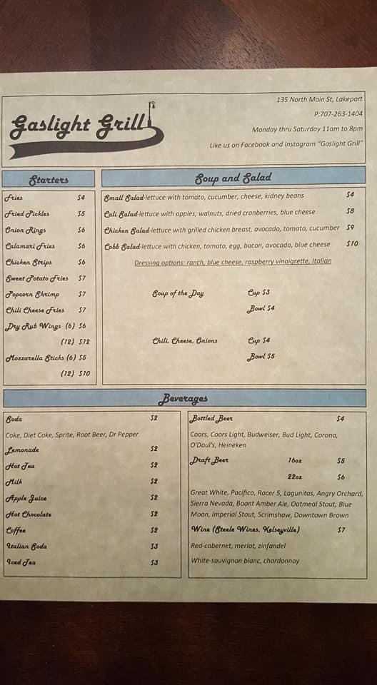 Menu at Gaslight Grill restaurant, Lakeport