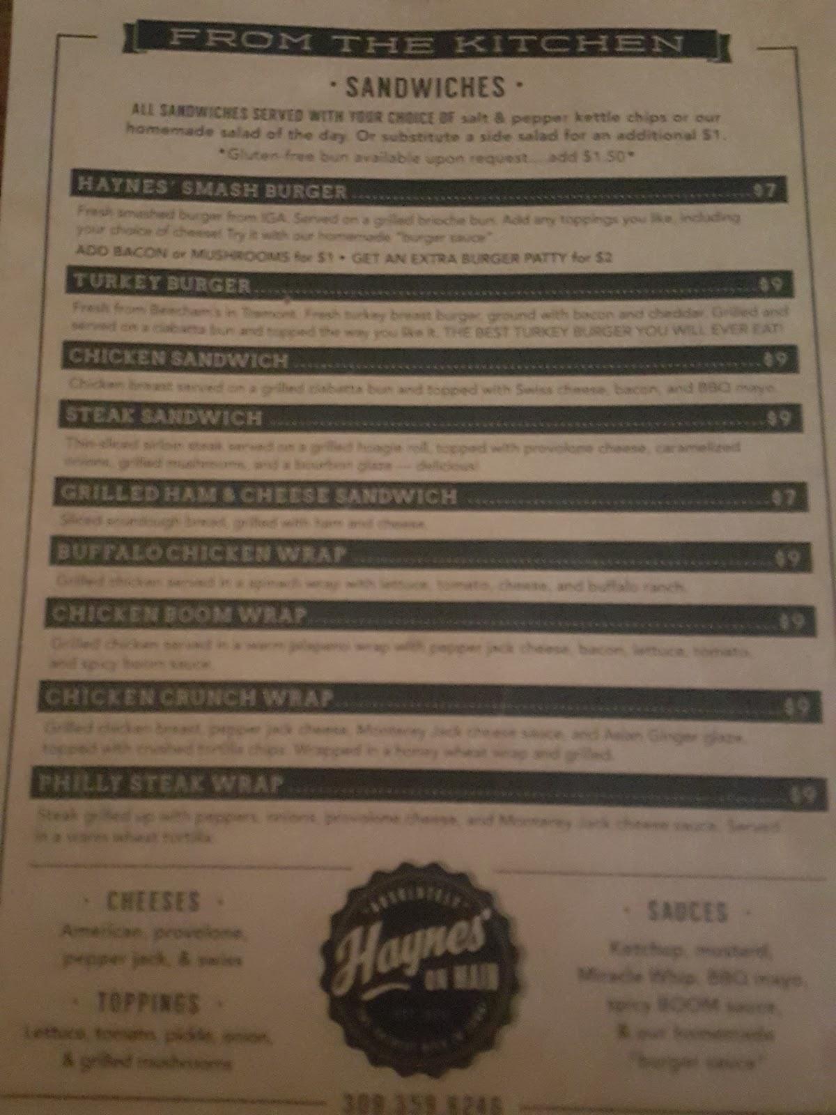 Menu at Haynes on Main pub & bar, Mackinaw