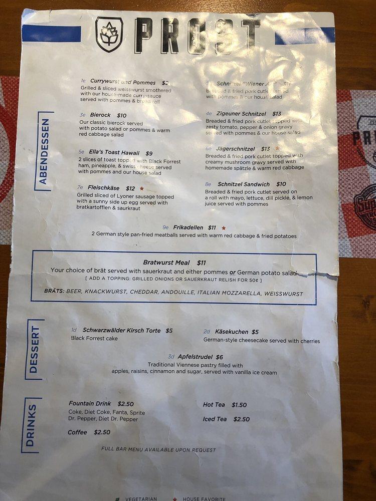Menu at Prost restaurant, Wichita