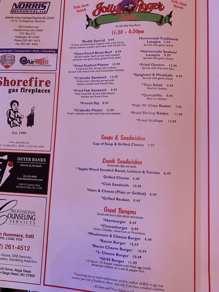 Menu at The Jolly Roger Restaurant, Kill Devil Hills