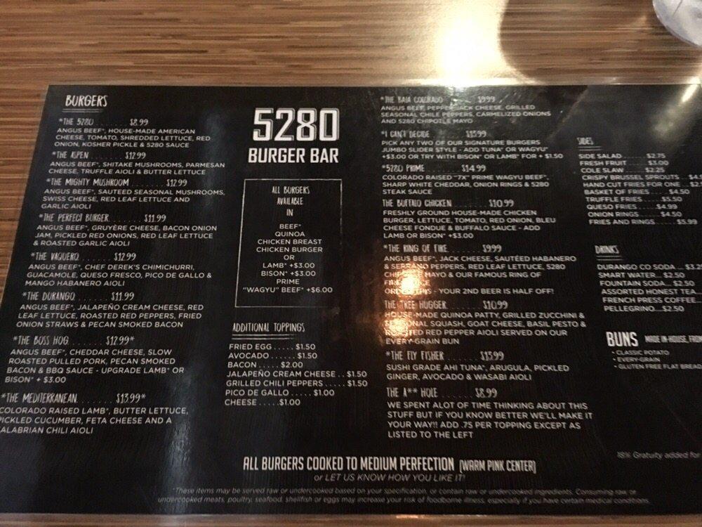 Menu at 5280 Burger Bar, Denver, 500 16th St Mall Suite 160