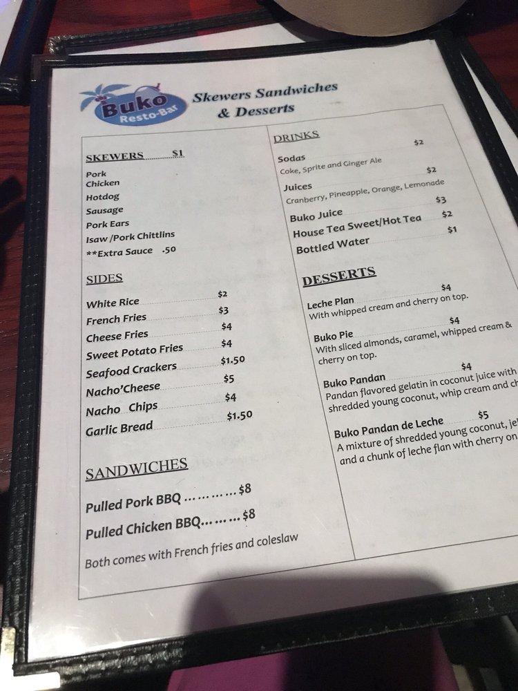 Menu at Buko Resto-Bar, Virginia Beach