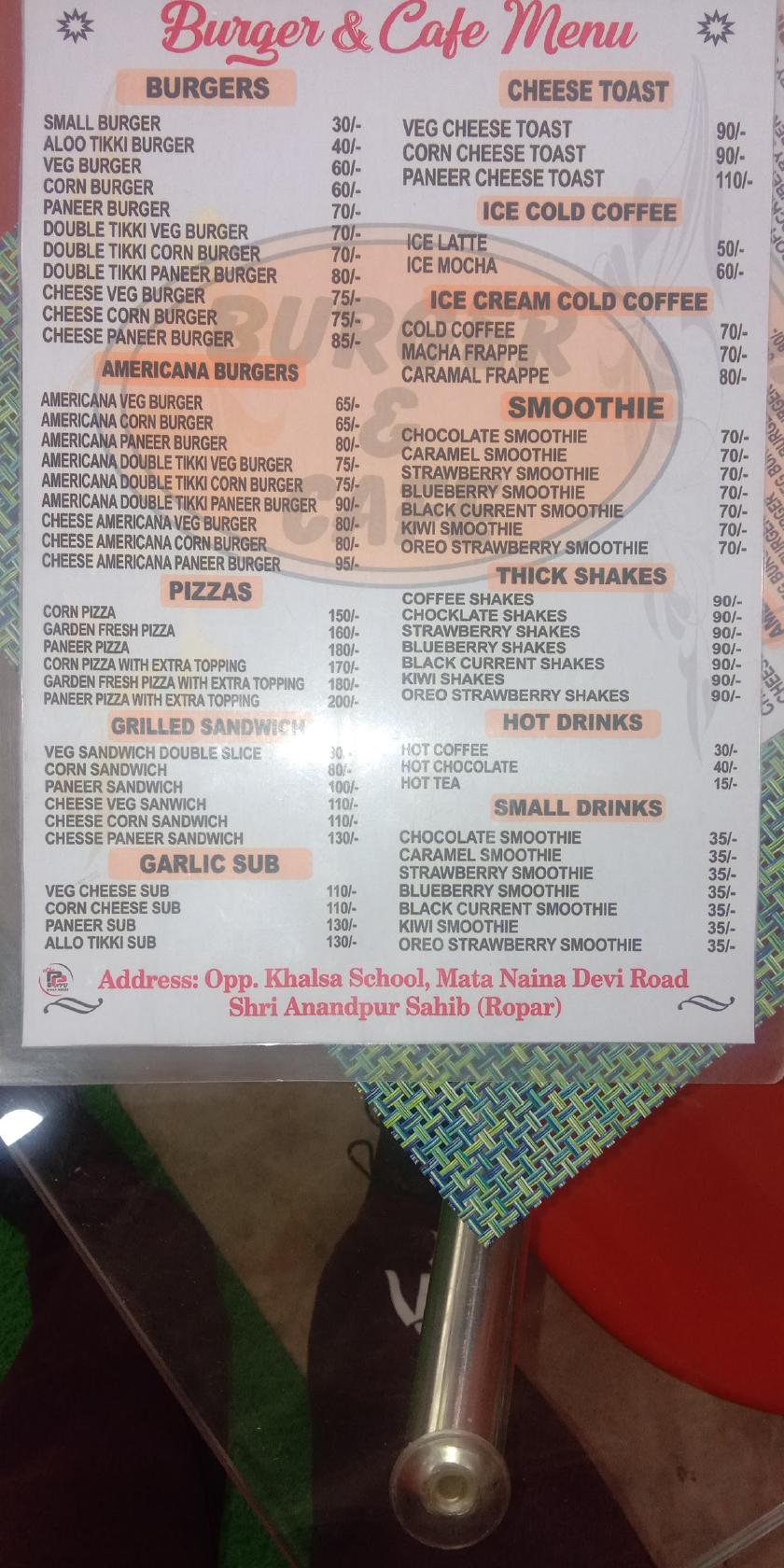 Menu at Burger & Cafe, Anandpur Sahib