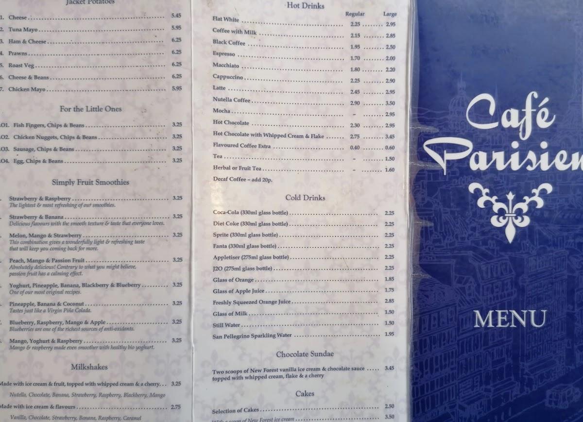 Menu at Café Parisien cafe, Lyndhurst