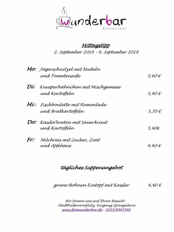 Menu at Die Wunderbar, Cottbus