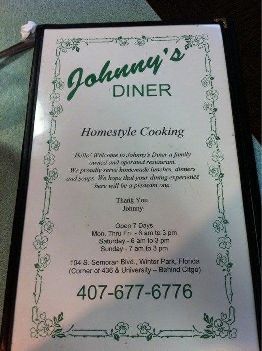 Menu at Johnny's Diner restaurant, Winter Park