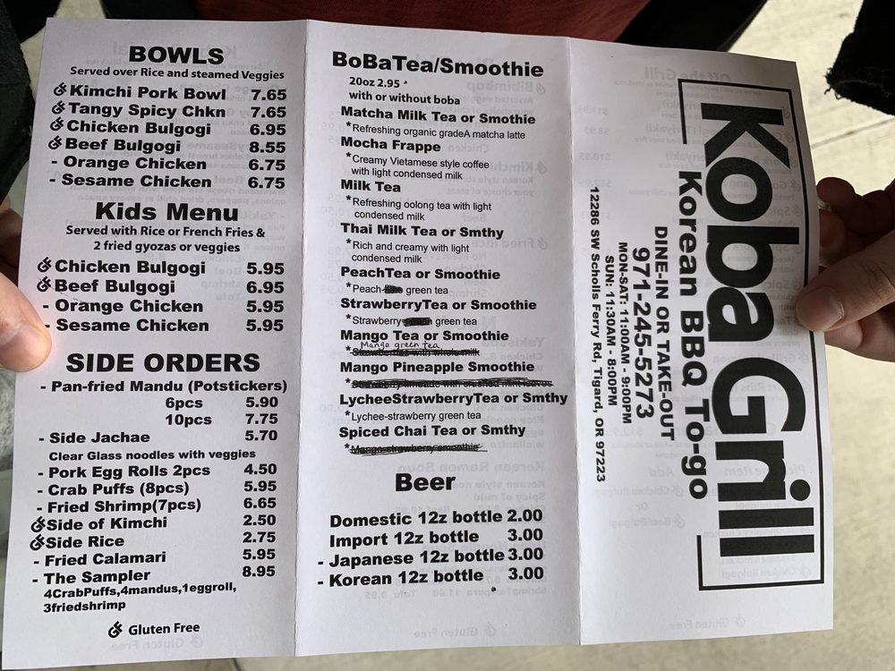 Menu at Koba Grill restaurant, Tigard