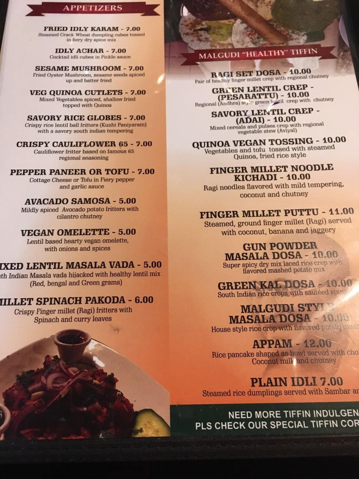 Menu at Malgudi Garden restaurant, Plano
