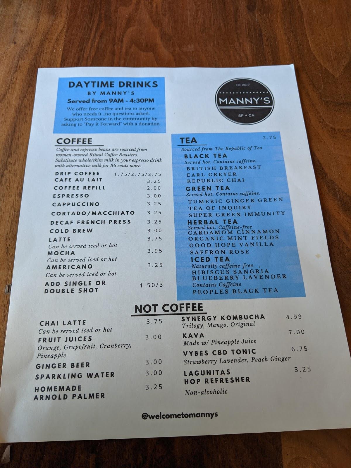 Menu at Manny’s cafe, San Francisco