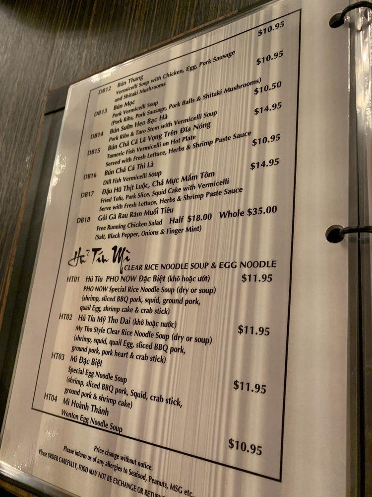 Menu at Pho Now restaurant, Toronto