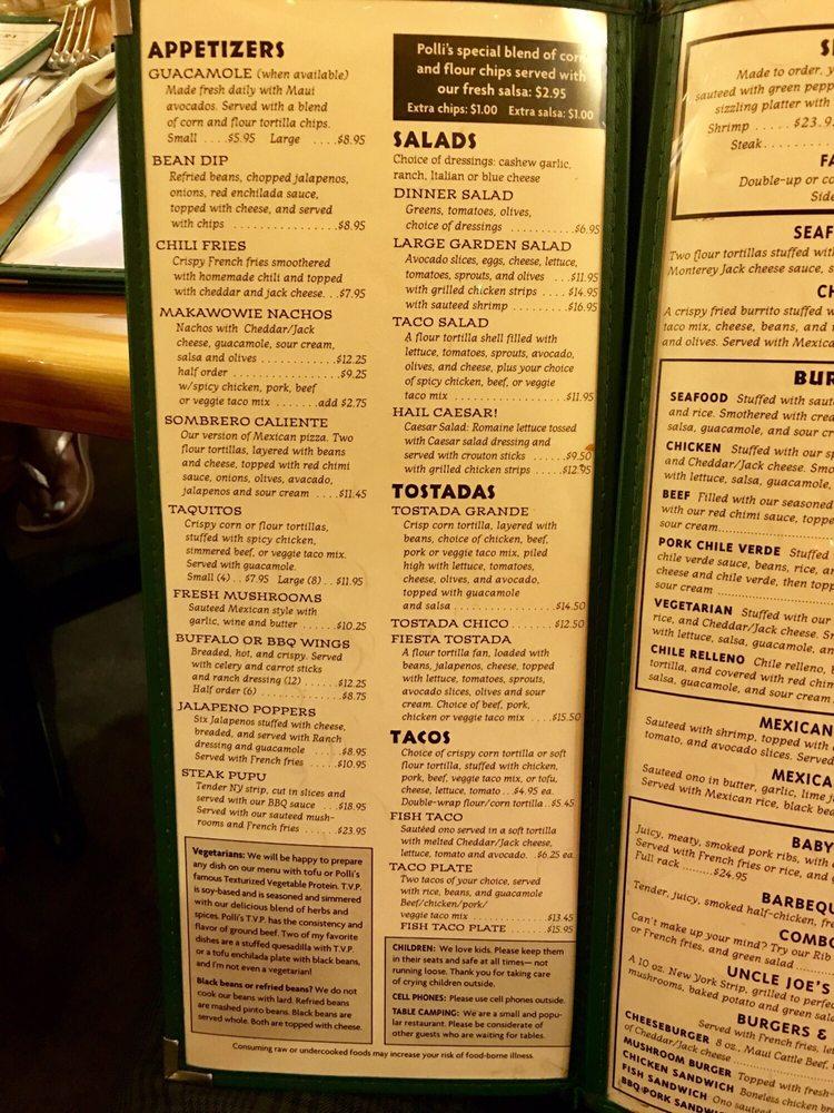 Menu at Polli's Mexican Restaurant, Makawao