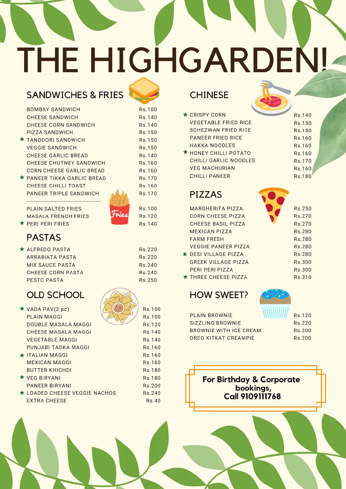 Menu at The HighGarden Cafe, Indore