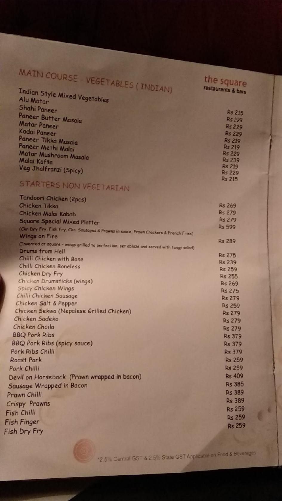 Menu at The Square Family Restaurant and Bar, Gangtok, Mahatma Gandhi Marg