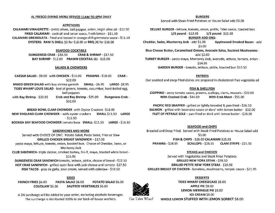 Menu at Tides Wharf Restaurant, Bodega Bay