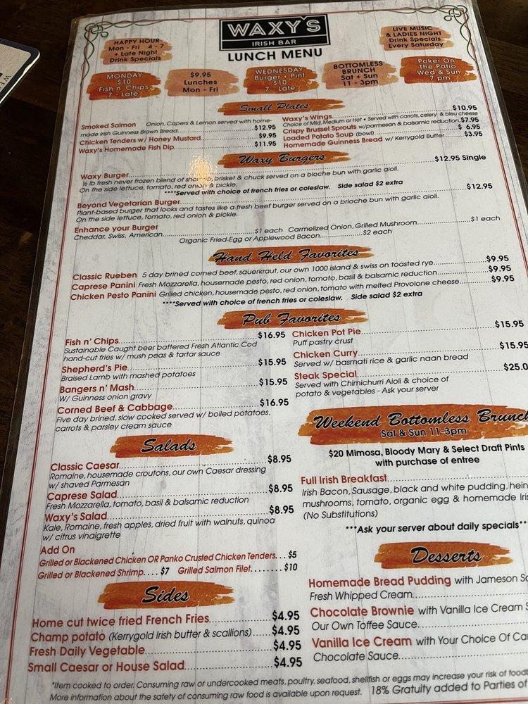 Menu at Waxy's Irish Pub, Fort Lauderdale
