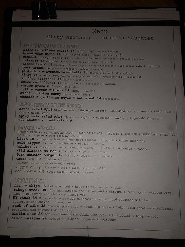 Menu at Dirty Northern pub & bar, Whitehorse