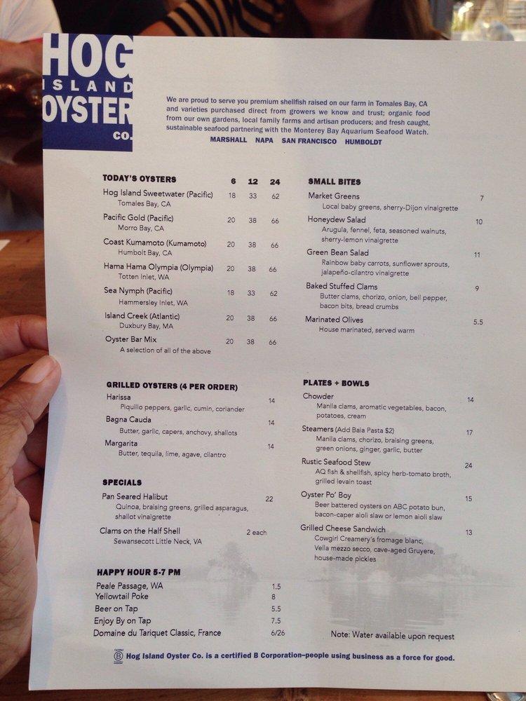Menu at Hog Island Oyster Co restaurant, Napa