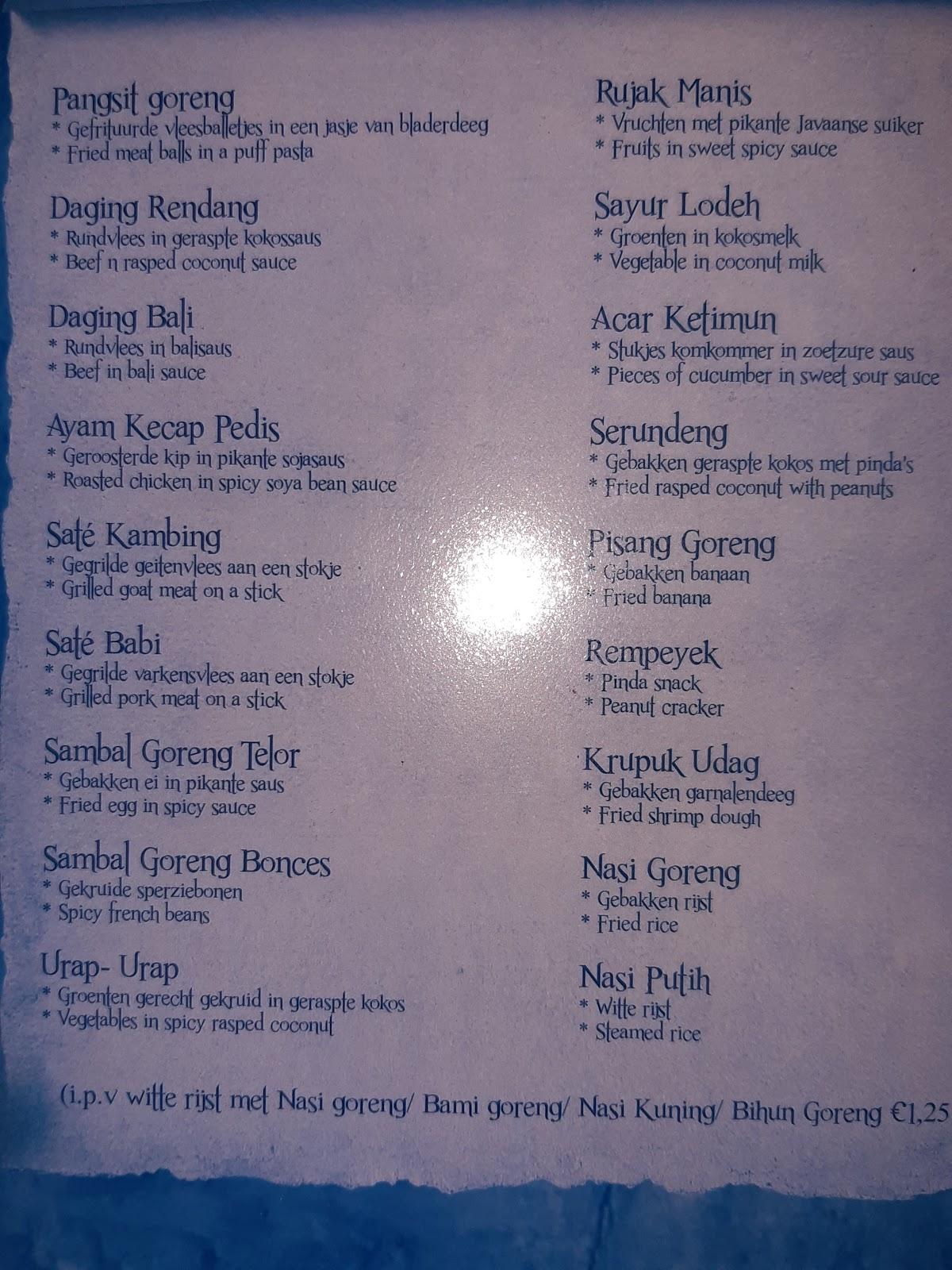 Menu at Indonesisch Restaurant Tjendrawasih, Rijswijk