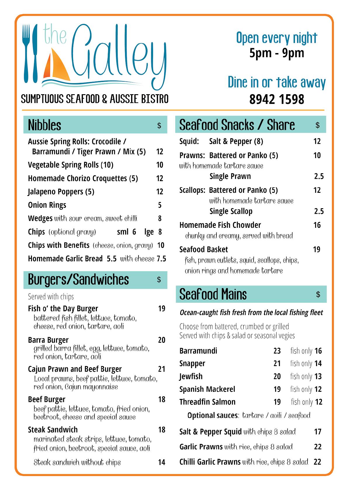 Menu at The Galley Bistro @ DBCYA restaurant, Stuart Park