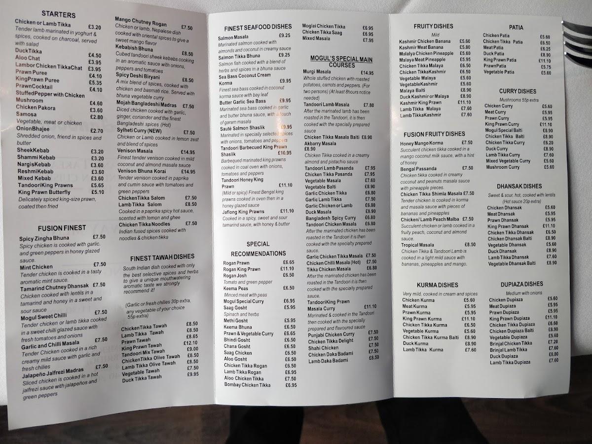 Menu at The Mogul Tandoori restaurant, Trowbridge