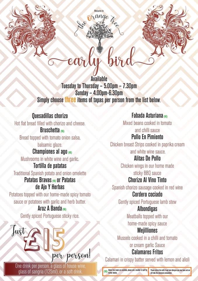 Menu at The Orange Tree Tapas restaurant, Manchester