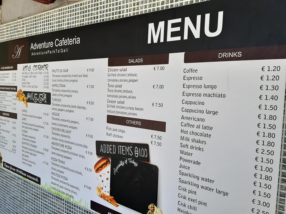Menu at Adventure-cafeteria Ta Qali, Attard