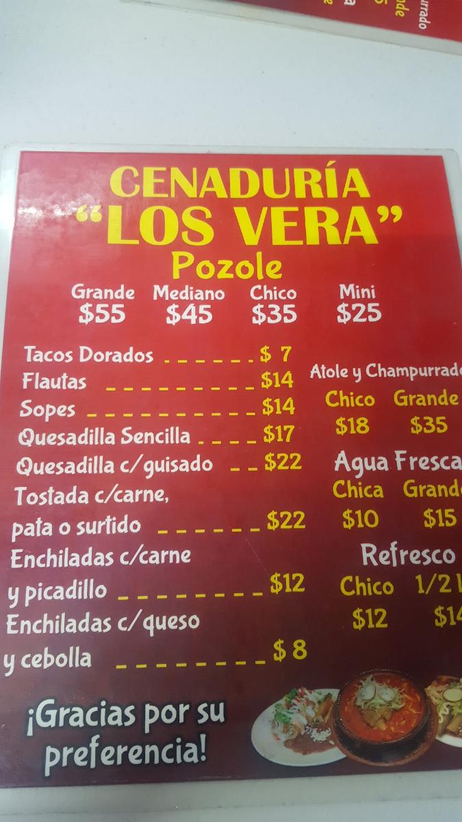 Menu at Cenaduria "Los Vera" restaurant, Valley of the Mills