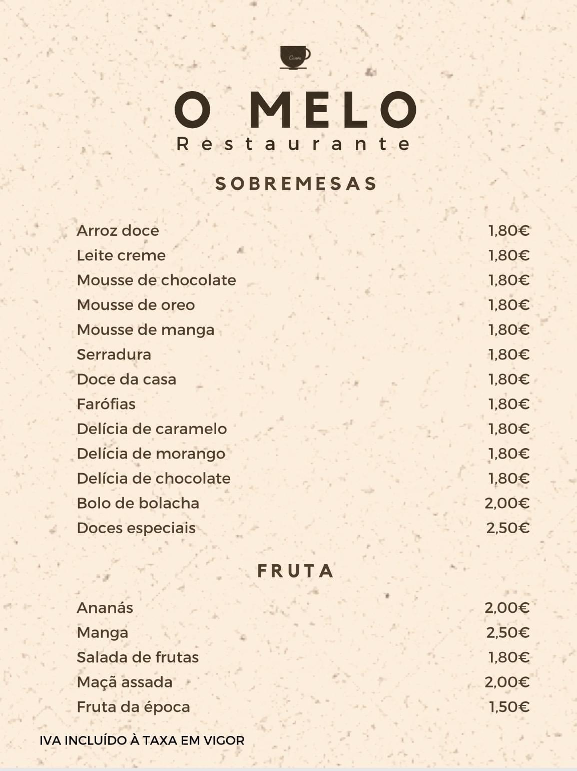 Menu at Churrasqueira O Melo restaurant, Sintra