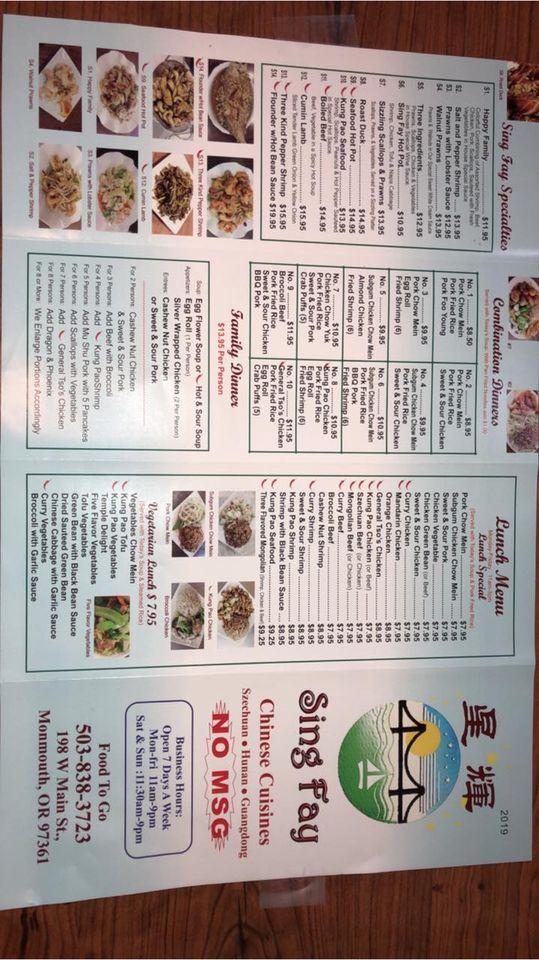 Menu at Sing Fay Restaurant, Monmouth