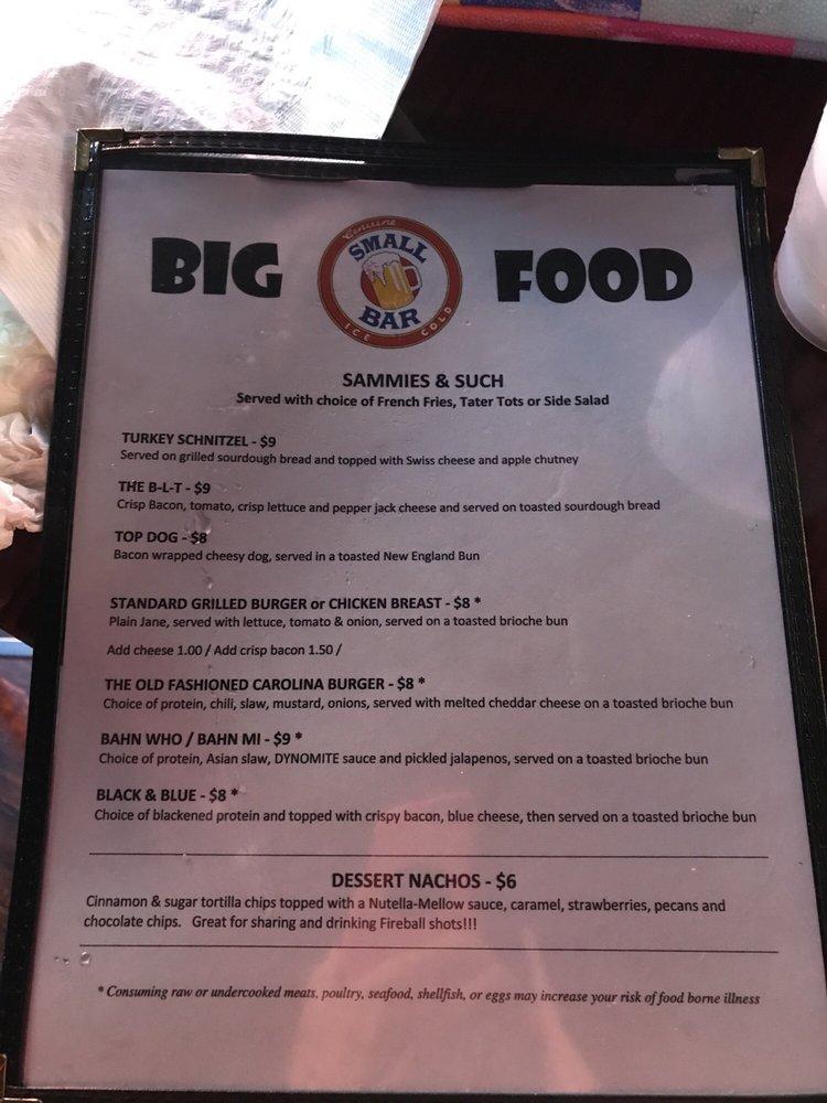 Menu at Small Bar, Fort Mill