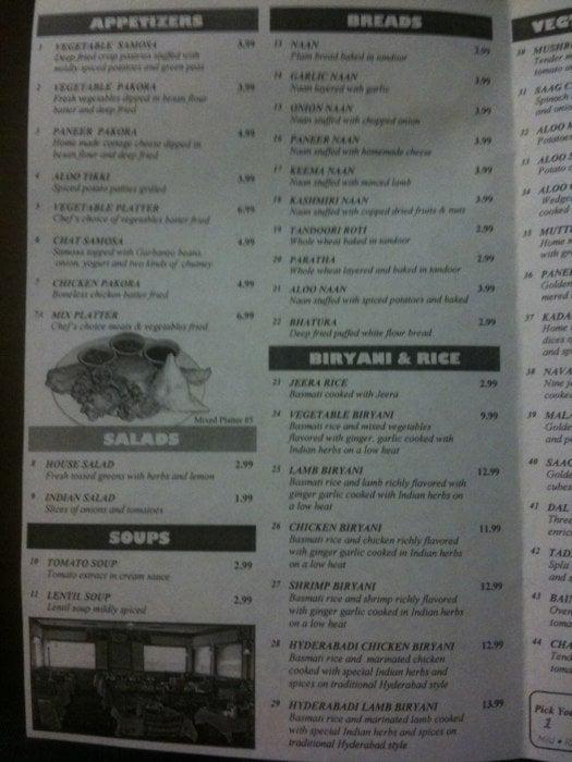 Menu at Taj Mahal restaurant, Terre Haute